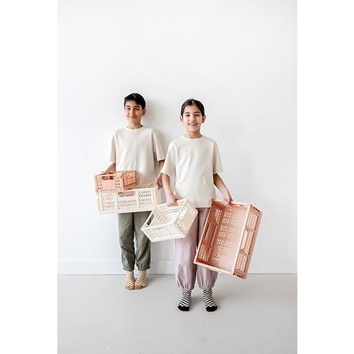 3 Sprouts Recycled Plastic Collapsible Crate - Stackable Folding Storage Crate for Organization for Adults & Kids - Foldable Plastic Crate - Large - Clay