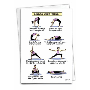 NobleWorks - 1 Funny Women's Birthday Card with Envelope - Cartoon Humor, Stationery Bday Celebration Card for Wife, Women - Midlife Yoga Poses C7312BDG