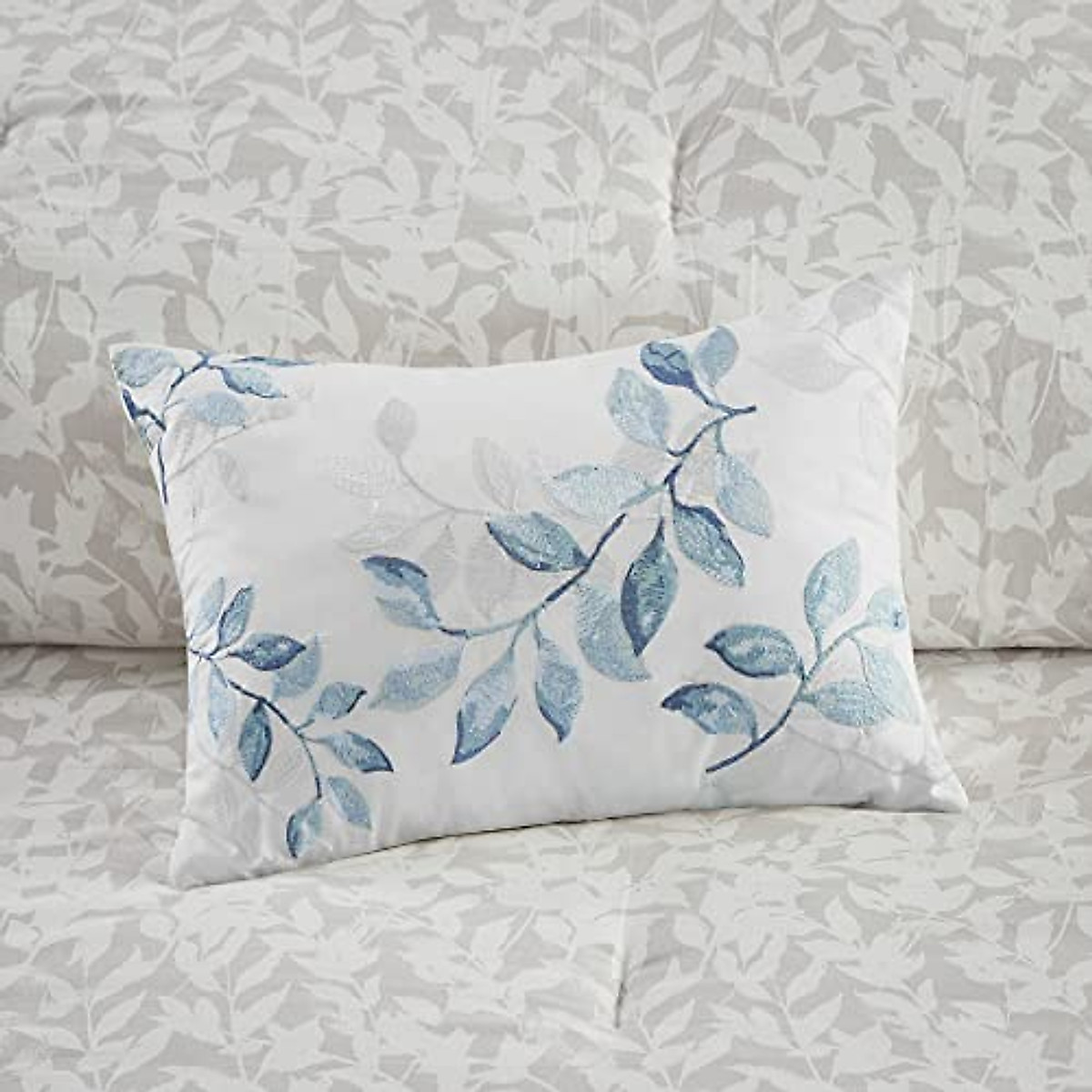 Madison Park Essentials Cozy Bed in a Bag Reversible Comforter with Complete Sheet Set - Modern Botanical Print All Season Cover, Shams, Decorative Pillow, King(104"x92"), Blue 8 Piece