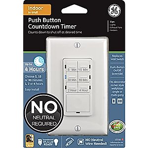 GE Push-Button Countdown Timer Switch, 5-15-30 Minute/1-2-4 Hour, ON/Off, No Neutral Wire Needed, Ideal for Lights, Exhaust Fans, Heaters, Wall Plate Included, 15318 , White