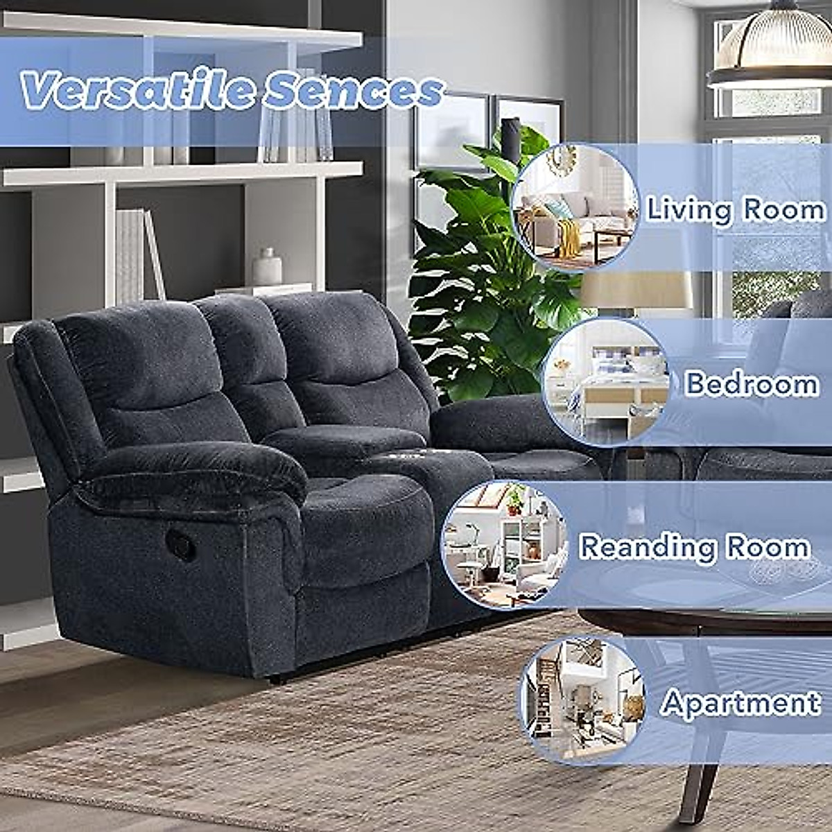YUNLife&Home Manual Wall Hugger Chair with Cup Holder,2 USB Ports&Power Sockets,Double Reclining Sectional Sofa 3-Seat Couch for Living Room Apartment Office RV Theater Furniture Set, Dark Blue 83.8"w
