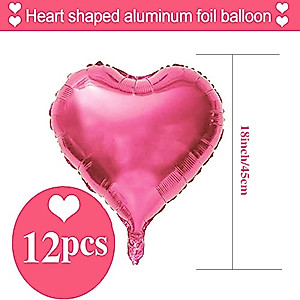 12Pcs Heart Shape Foil Balloons, 18" Balloons Aluminum Foil Decorations Suitable for Birthday Parties, Weddings, Engagement Parties, Valentine's Day Decorations, Celebrations, Anniversaries (Pink)