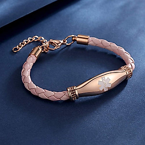 linnalove-Free Engraving Medical Alert Bracelets for Women Beautiful Female Pink Leather Rose gold Medical ID Bracelets
