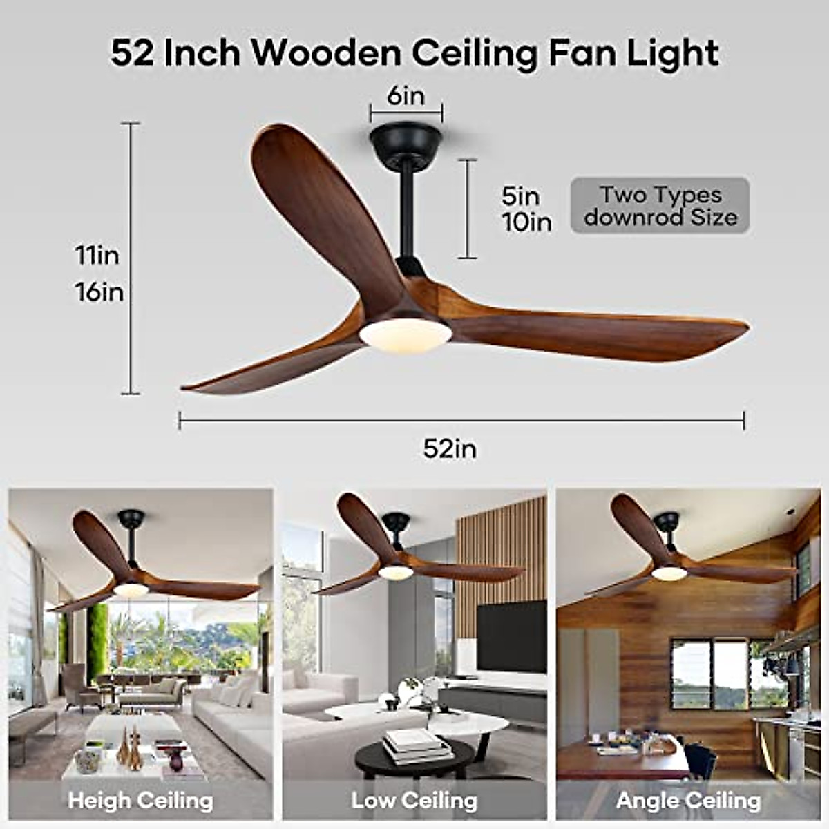 ZHUYILONG 60 Inch Ceiling Fans with Lights and Remote, LED Ceiling Fan with Light, Modern Indoor Outdoor Ceiling Fan for Patios Bedroom Living Room Kitchen Farmhouse (WY-038)