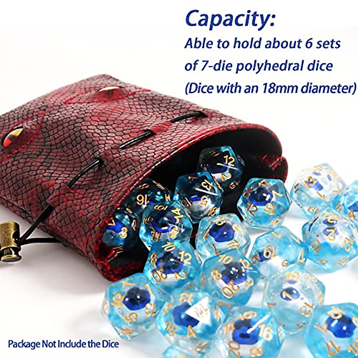 Dice Bag Can Hold 6 Dice Sets, Glow in The Dark Eyes Large Dragon D and D Dice Storage Bag for DND Board Games, Red Fiery Dragon Leather Coin Pouch for Fantasy RPG Games Accessories, Drawstring Pouch