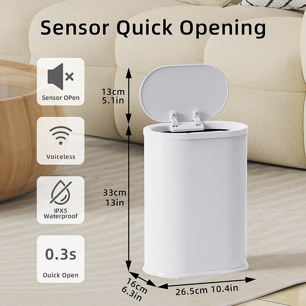 KUK Stainless Steel Bathroom Trash Can Automatic Touchless with Removable Inner Bucket, Waterproof, 1.6 Gallon Smart Trash Can with Lid for Bathroom Bedroom, Office - White