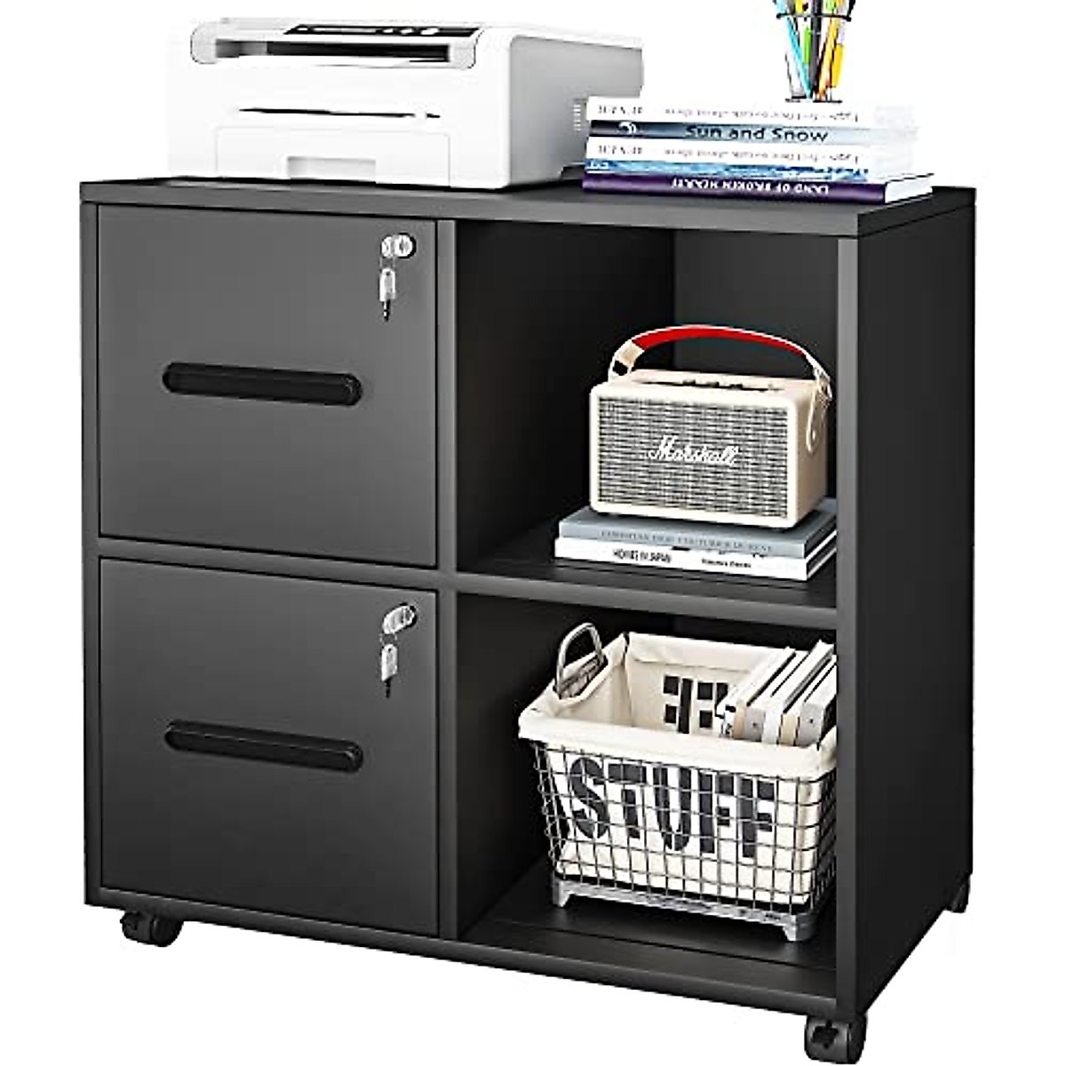 YITAHOME 2-Drawer Filing Cabinet, Thickened Steel Mobile Lateral Filing Cabinet On Wheels for A4/Letter Size, Printer Stand with Open Storage Shelves for Home Office