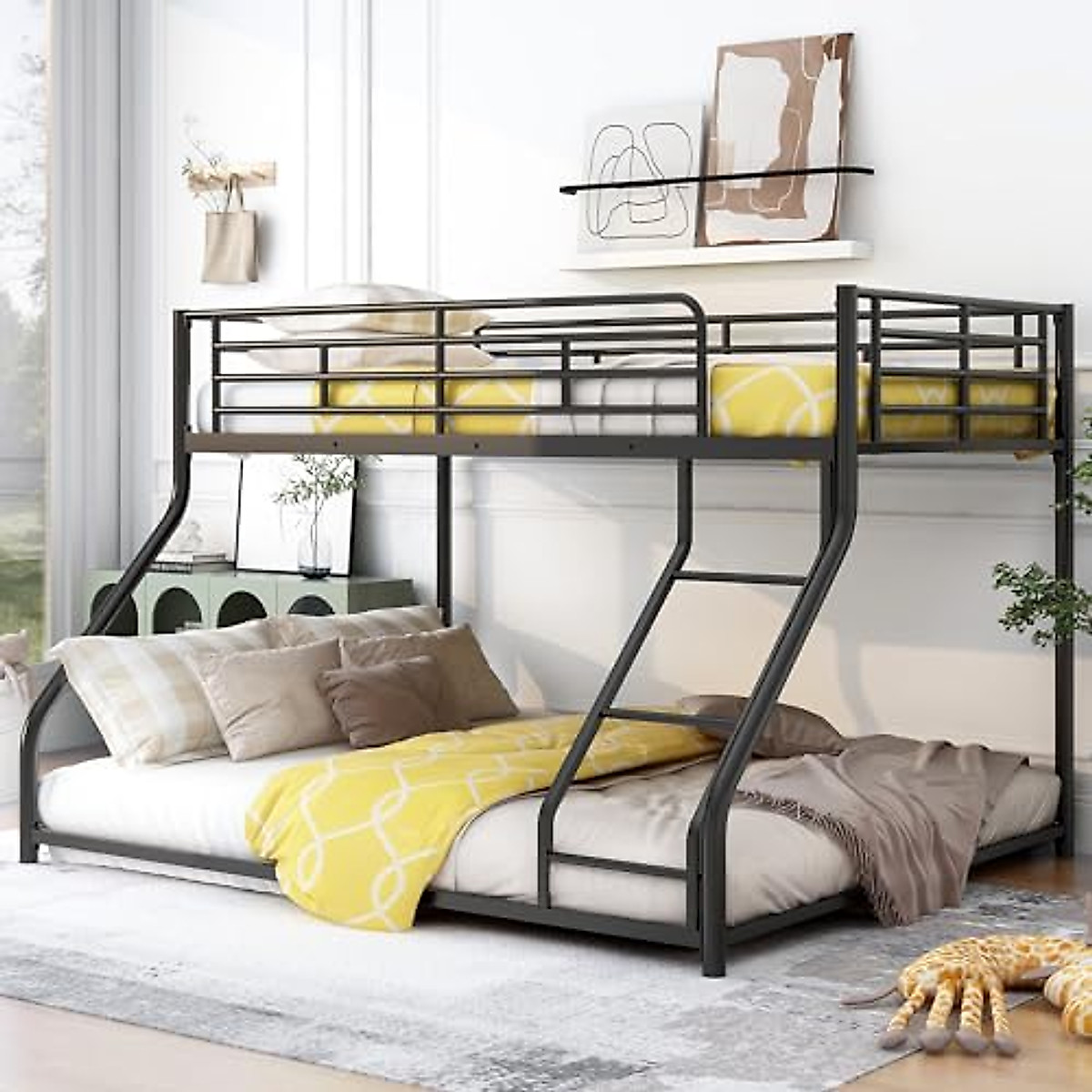 MiHunnor Twin XL Over Queen Metal Floor Bunk Bed, Metal Bunk Bed Frame with Safety Guardrail and Staircase for Kids Teens Adult, No Box Spring Needed