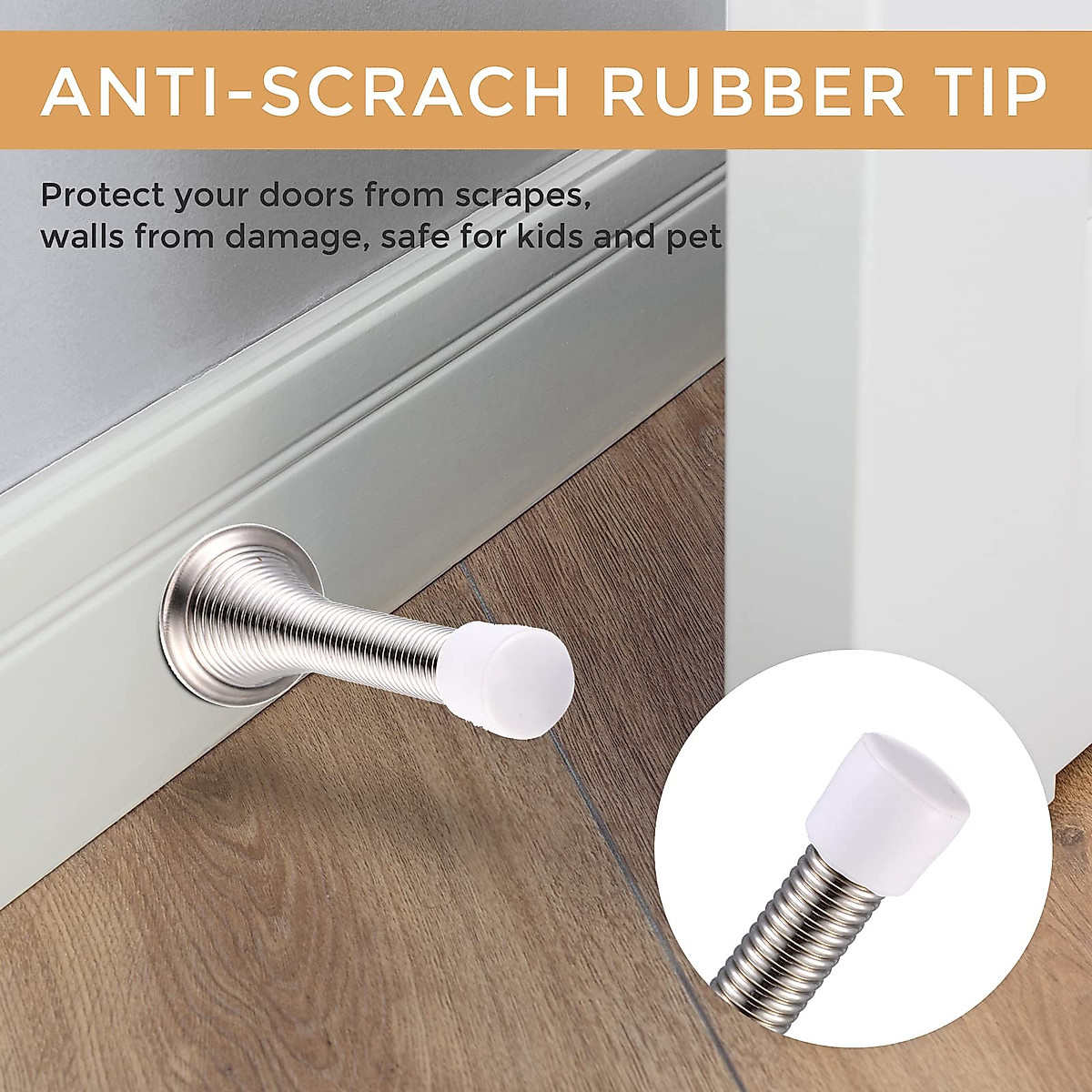 60 Pcs Spring Door Stopper with Rustproof Screw Rubber Bumper Tips, 3" Flexible Heavy Duty Spring Wall Door Stop Low Mounted Door Bumper for Home Spring Door Stoppers for Bottom of Door (Silver)