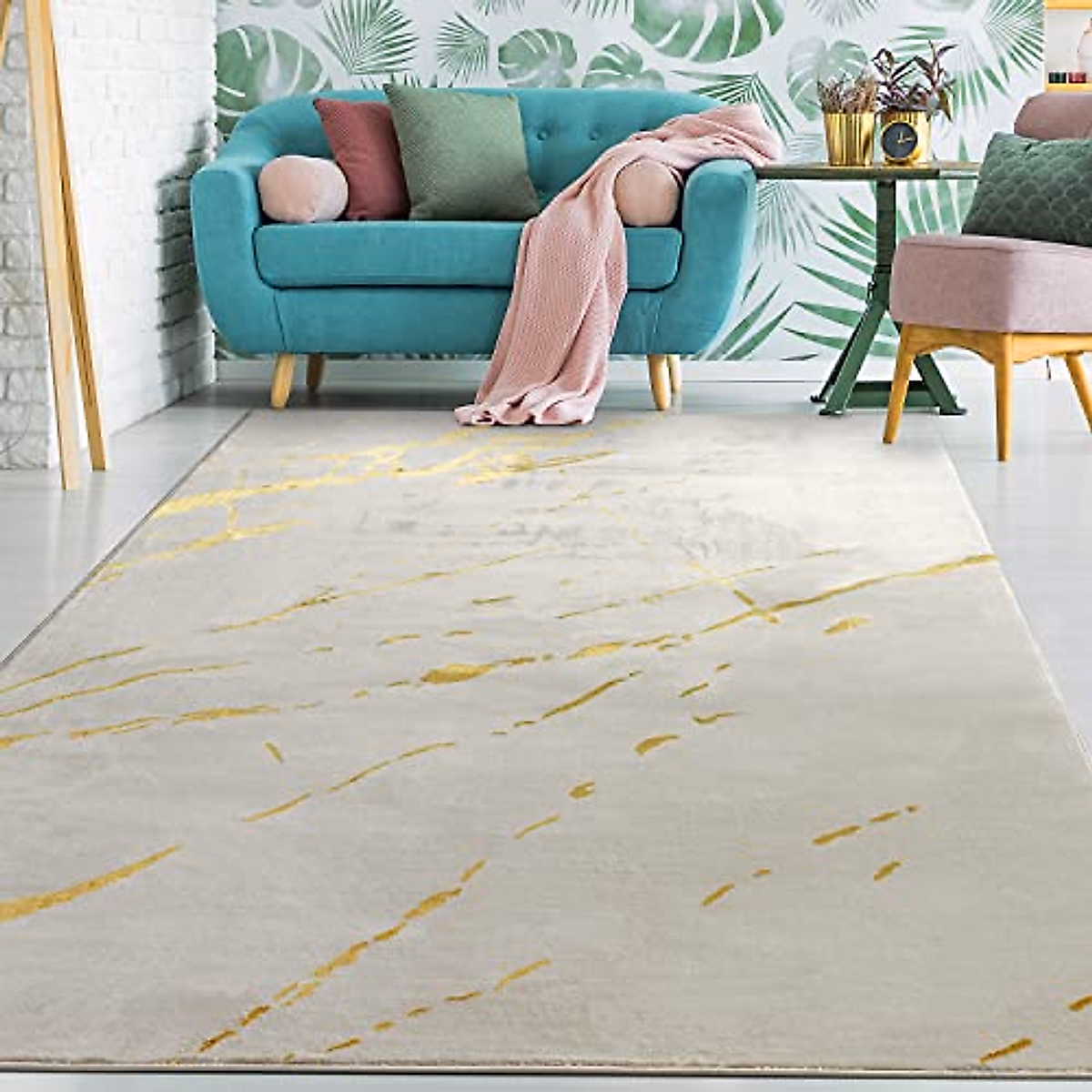 Antep Rugs Babil Gold 5x7 Marble Abstract Modern Indoor Area Rug (Beige, 5'3" x 7')