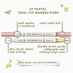 Primrosia 24 Pastel Dual Tip Markers, Fine Tip and Brush. Perfect for art, illustration, drawing, calligraphy and bullet journals