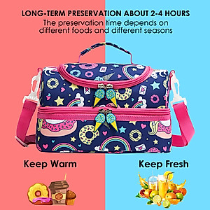 Life on track Insulated Kids Double Decker Lunch Bag Tote Pack for Girls Boys Toddler School Picnic Food Cooler Hot Water Ice with Strap (Blue Unicorn)