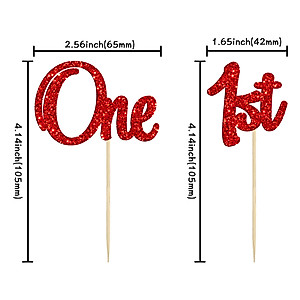 Gyufise 24Pcs 1st Birthday Cupcake Toppers Glitter First Birthday One Cupcake Picks for Baby Shower 1st Birthday Party Cake Decorations Supplies Red