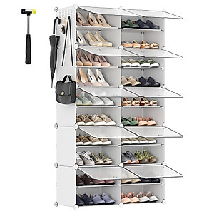 SONGMICS Shoe Rack, 10 Cubes Shoe Organizer with Doors, 40 Pair Plastic Shoe Storage Cabinet, for Bedroom, Entryway, Steel Frame, Plastic Panel, White ULPC035W01
