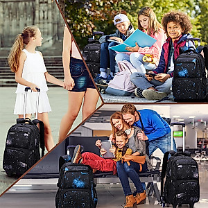 Voici et Voila Backpack with Wheels, Galaxy Trolley Schoolbag Kids Rolling Backpack with Lunch Box and Pencil Case Rolling Trolley Book Bag for Kids Boys