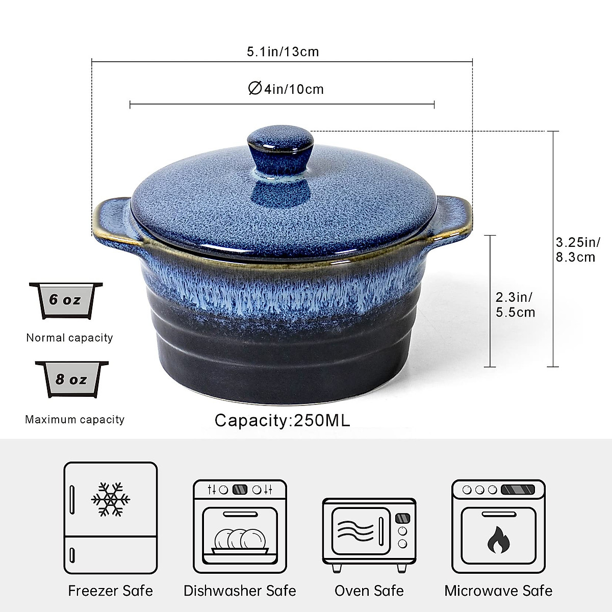 UNICASA 8 oz Ceramic Ramekins with Lid, Mini Casserole Dish with Handles Set of 4, Porcelain Small Baking Dish, Round Small Cocotte Oven Safe, Reactive Glaze (Blue)