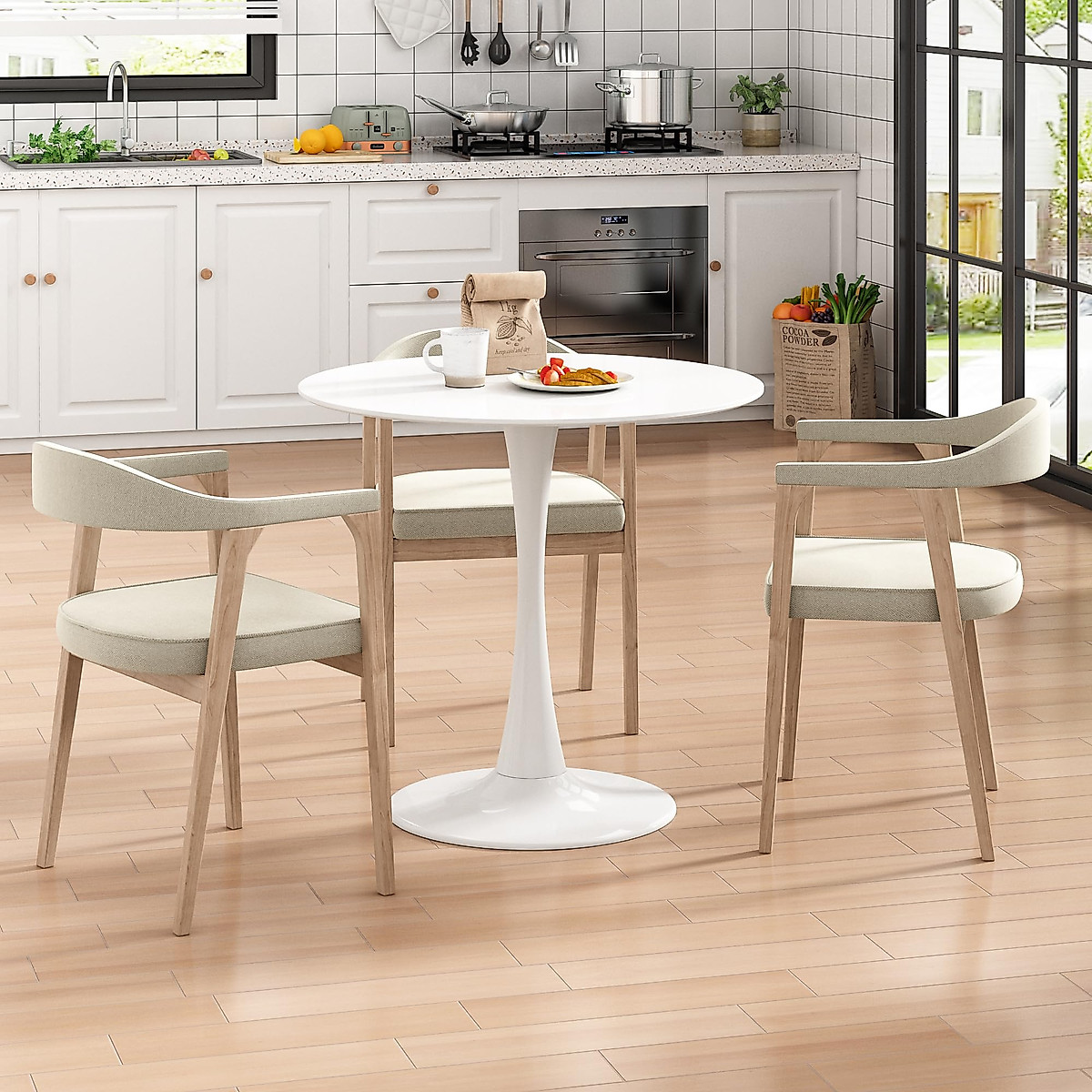JAXPETY 31.5" Modern Round Tulip Table White Dining Table Mid-Century Leisure Table with Pedestal Base for Living Room Kitchen Coffee Shop Home Office
