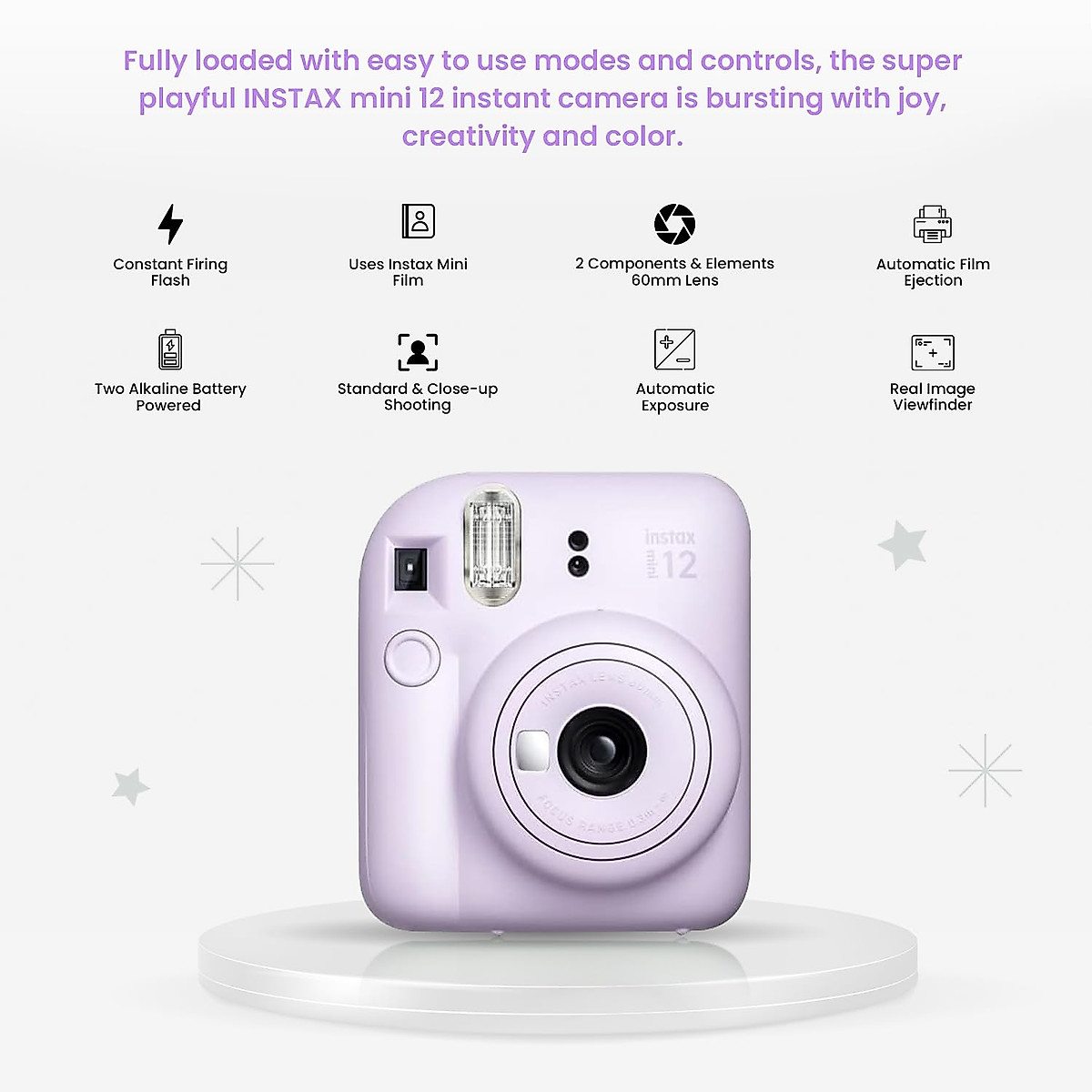 Fujifilm Mini 12 Instant Camera Starter Bundle: Includes Mini Film Value Pack (60 Sheets) + 4 Pack AA Batteries + Lens Cleaning Cloth (Lilac Purple)
