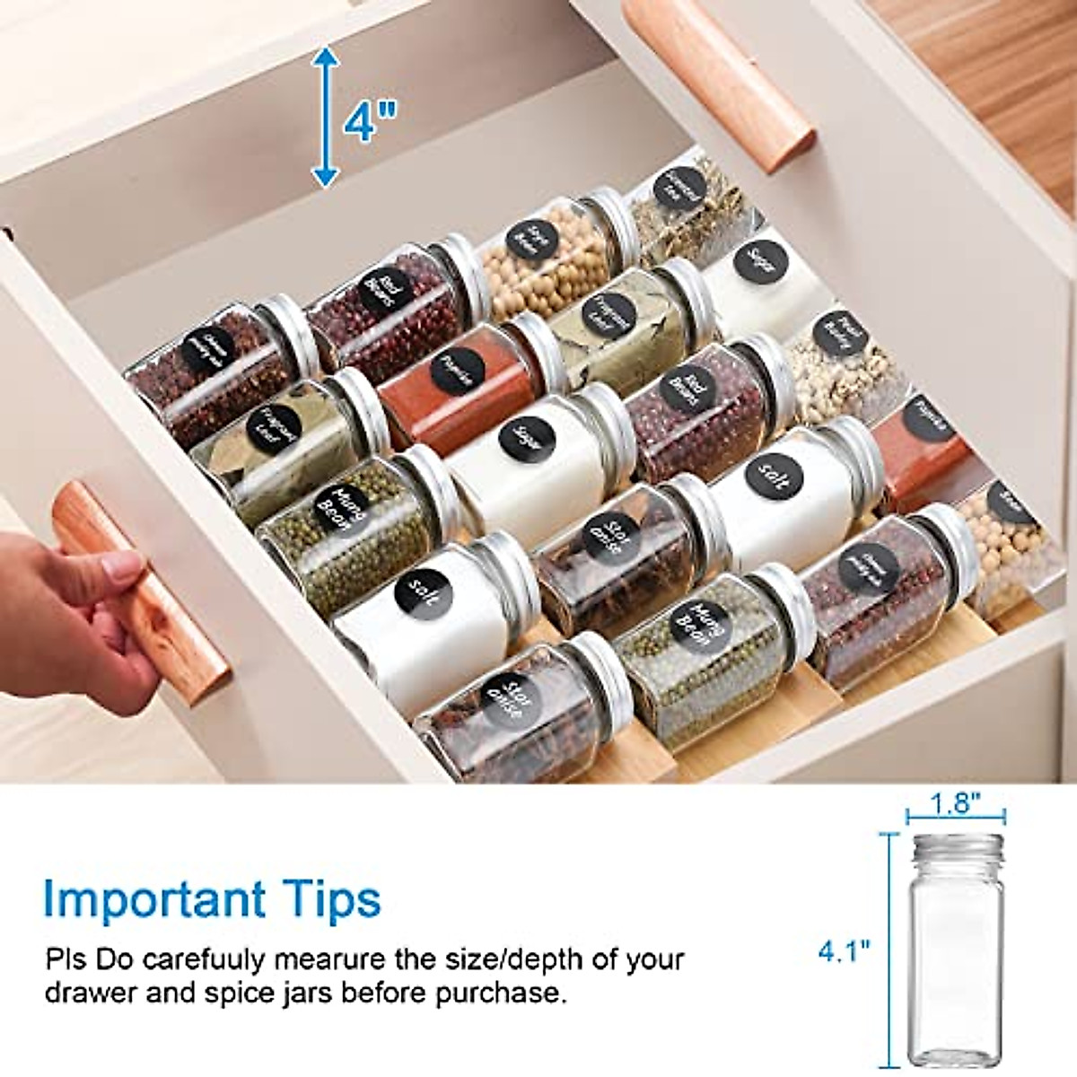 Bamboo Spice Drawer Organizer, 4 Tier Spices Rack for Cabinet Drawer Expandable From 13" to 26" Seasoning Storage Organizer Insert