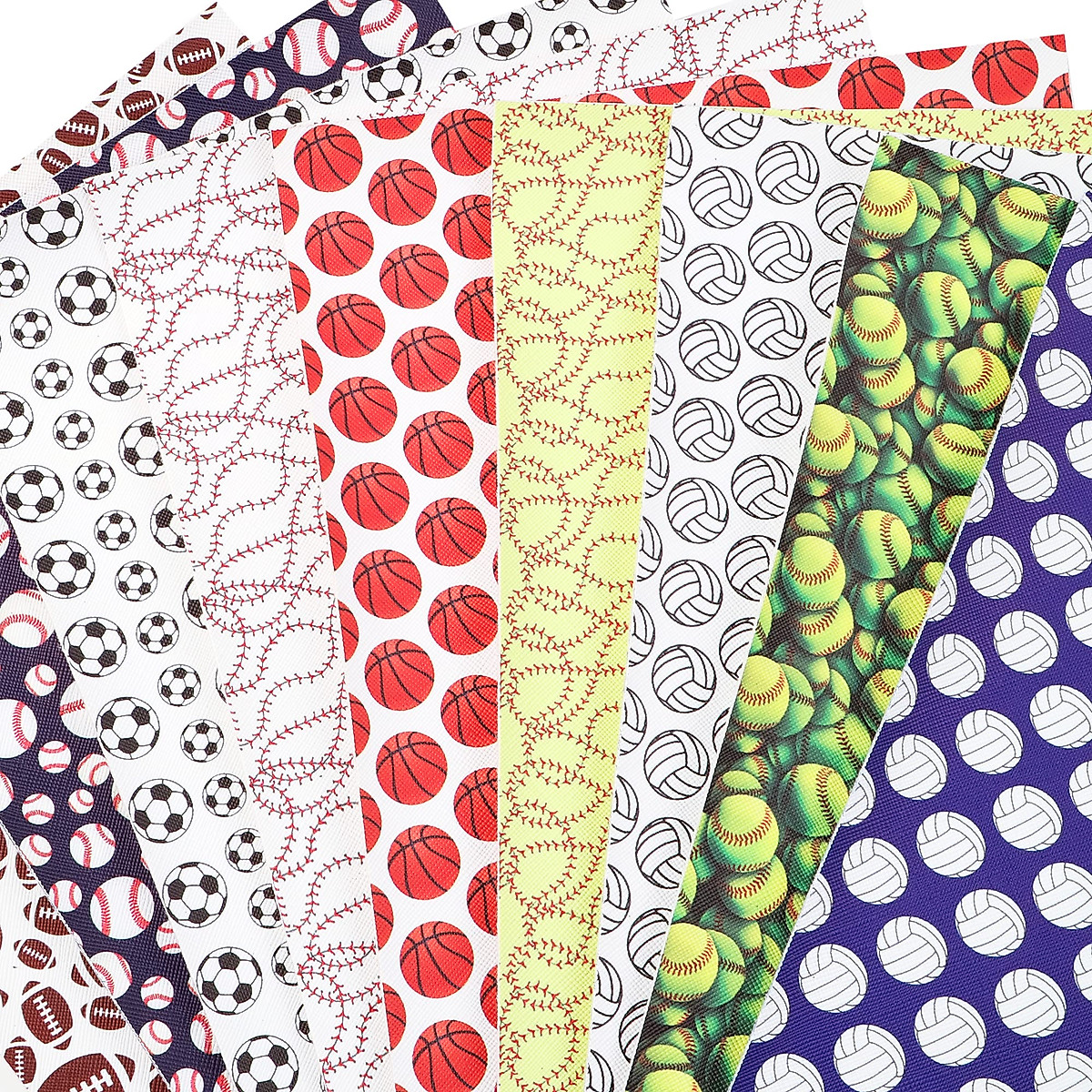 David Angie Ball Football Baseball Volleyball Printed Faux Leather Sheet 9 Pcs Assorted 8" x 13" (20 cm x 34 cm) Sports Theme Leather Fabric for Bags Earrings Making DIY Projects (Pattern A)