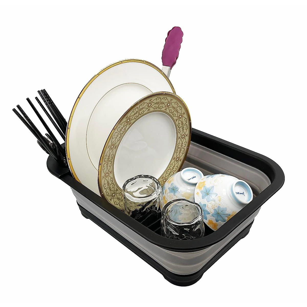 SAMMART 7.3L (1.9 Gallon) Collapsible Dish Drainer with Drainer Board - Foldable Drying Rack Set - Portable Dinnerware Organizer - Space Saving Kitchen Storage Tray (Black/Alloy Grey)