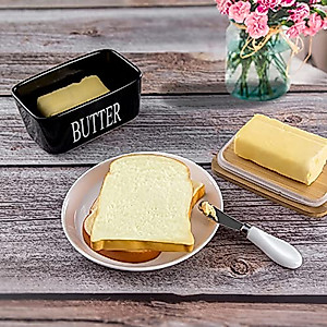 Hasense Butter Dish with Bamboo Lid and Knife, Large Butter Keeper Container for Counter, Airtight Butter Holder with Cover for Kitchen,Black
