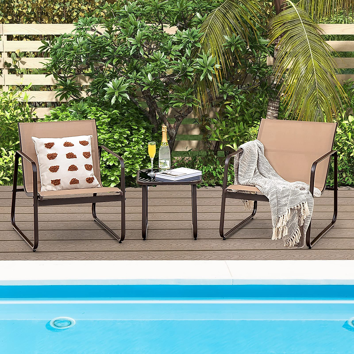 Tangkula 3 Pieces Patio Conversation Set, Outdoor Metal Chair & Table Set, Breathable Fabric & Tempered Glass Tabletop, Metal Frame Furniture Set for Backyard, Poolside