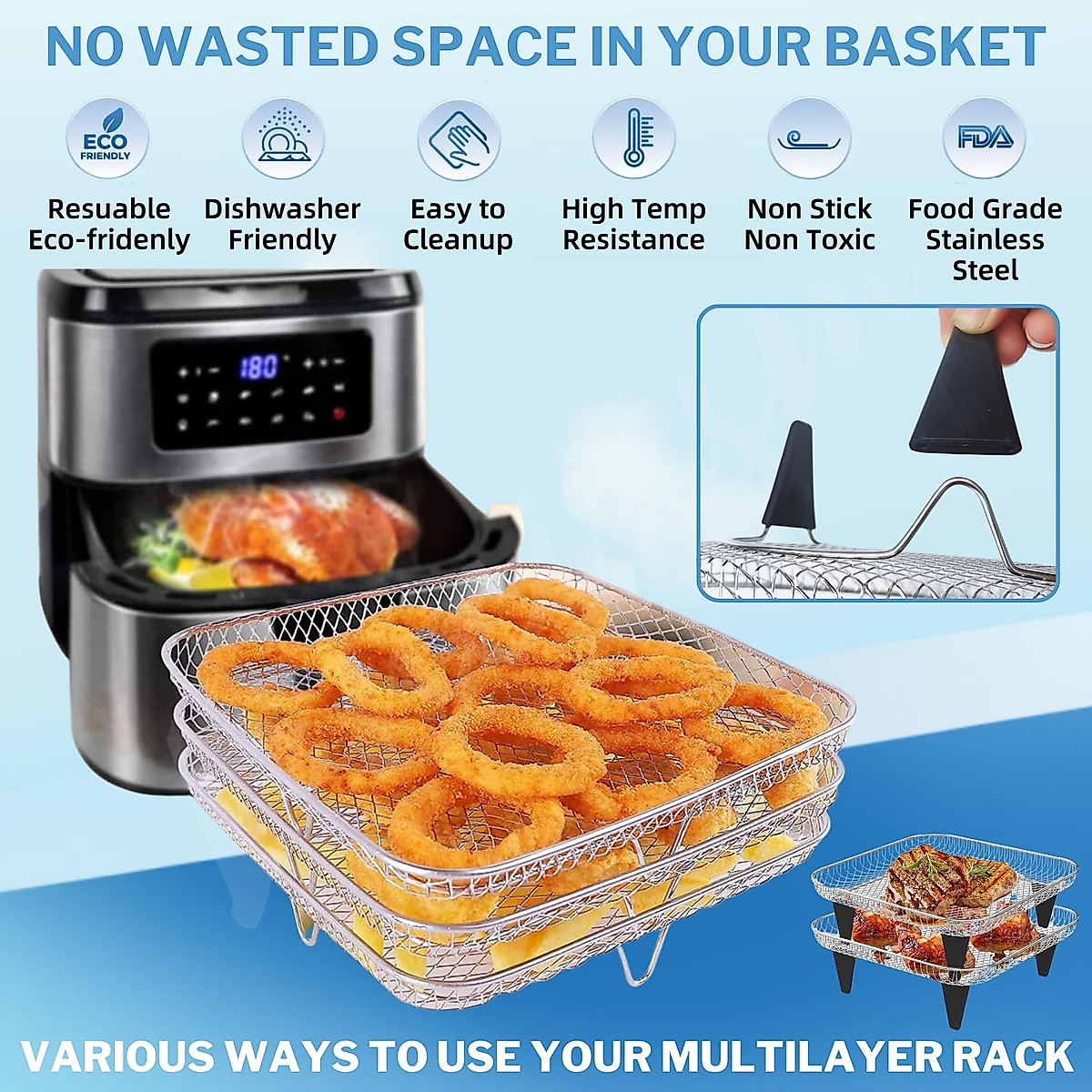Air Fryer Accessories with 8pcs Foot Cover - 8" Square 3 Stackable Dehydrator Racks Fits 5.8 QT Air Fryer Racks for Cosori, Instant Vortex, Nuwave Air Fryer, Ninja Foodi Grill 304 Stainless Steel