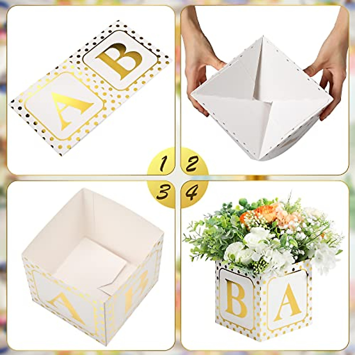 4 PCS Gold Flower Baby Shower Boxes Decor Table Floral Centerpieces Boxes for Gender Reveal Decoration Bronzing Flower Block Holder with Baby Letters Girls Boys Birthday Party Arrangement Favor