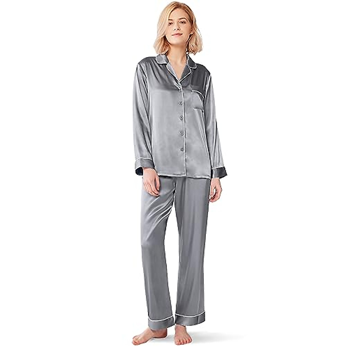 SIORO Womens Silk Pajamas Soft Long Satin Sleepwear Ladies Pajama Sets Button Down Loungewear Pyjamas Suit, Grey, L