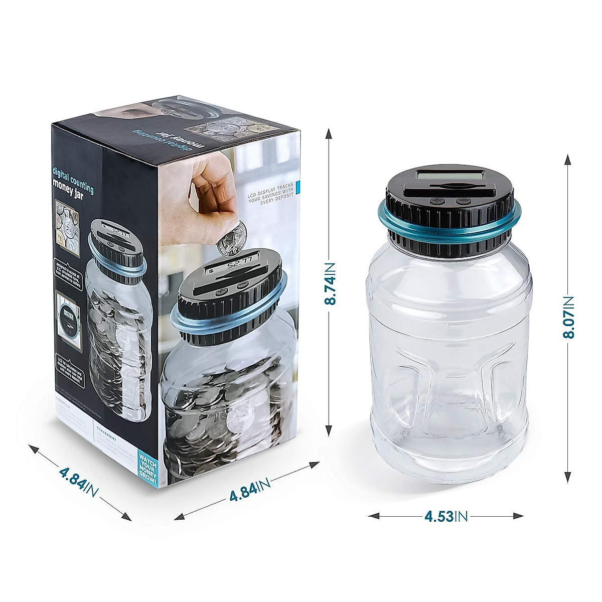 Large Piggy Bank for Boys Adults, Vcertcpl Digital Coin Counting Bank with LCD Counter, 1.8L Capacity Coin Bank Money Jar for Adults, Designed for All US Coins (Blue)