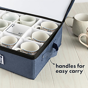 Hard Shell China Storage Containers 5-Piece Set Moving Boxes for Dinnerware, Glasses, Plates, Mugs and Saucers Sturdy Dish Organizer with Dividers for Seasonal Storage - Service for 12 - Denim Blue