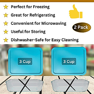 Klareware 3 cup Rectangle Plastic Food Storage Replacement Lids Covers for Klareware and Pyrex 7210-PC Glass Bowls (Container not Included) (2 Pack - Turquoise)