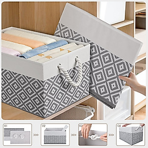 StorageTastic Storage Bins, 3-Pack Large Storage Box with Rope Handles, Collapsible Storage Basket for Organizing Books, Clothes, White & Grey