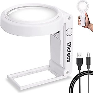 Dicfeos 30X 40X Magnifying Glass with Light and Stand, Folding Design 18 LED Illuminated Magnifying Glass for Close Work, Large Magnifying Glasses for Reading, Powered by Battery or USB(White)