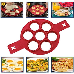 Flip N Cook Pancake, Flip N Cook Silicone Pancake Mold, Flip and Cook Pancake Maker, Reusable Fried Egg Molds, Flip'n'cook Silicone Pancake Mold, Reusable silicone omelet mold (Round-Red+Heart-Pink)