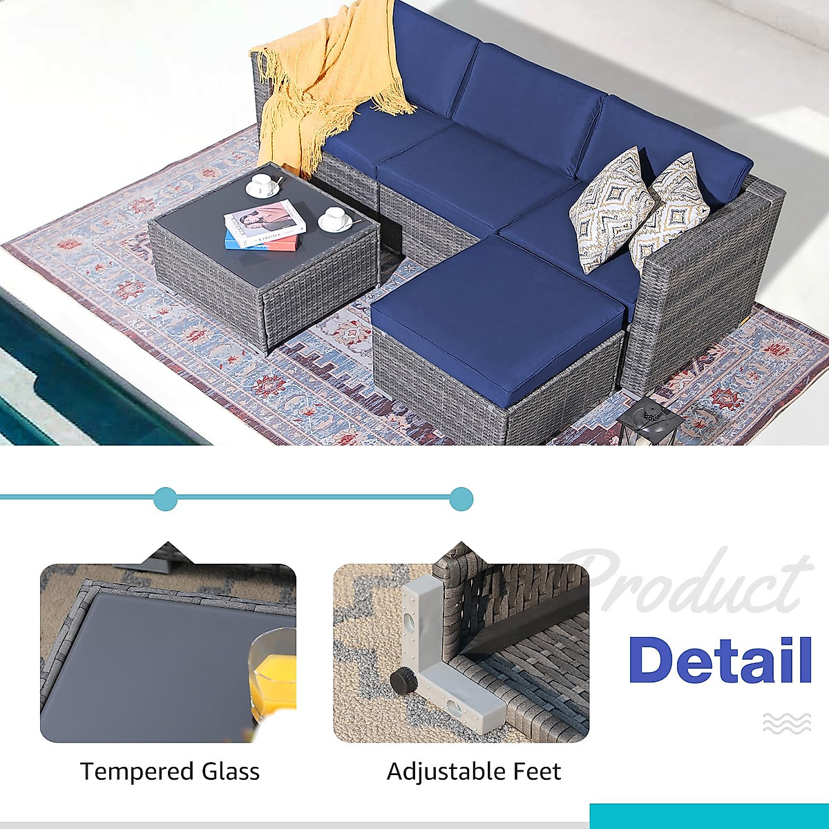 Patiorama 3-Piece Patio Furniture Set, Outdoor Sectional Sofa, All-Weather Grey PE Wicker Rattan Conversation Set, Outdoor Couch Loveseat Sofa w/Coffee Table for Deck Balcony Pool(Navy Blue Cushion)