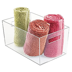 mDesign Plastic Bathroom Organizer Storage Bin with Handles for Organizing Hand Soaps, Body Wash, Shampoos, Conditioners, Hand Towels, Hair Accessories, Body Spray, Mouthwash - Large, 4 Pack - Clear