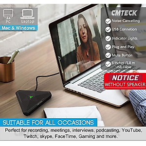 CMTECK Conference USB Microphone, Mute Button, Omnidirectional Condenser Boundary Mic for Recording, Streaming, Gaming, Skype (Windows/macOS)-Without Speaker