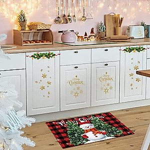 2 Piece Snowman Kitchen Rug Set Merry Christmas Indoor Floor Mats for Winter, Xmas Door Mat Runner Rug Carpet Mat for Kitchen Home Decor (15.7" x 23.6"+15.7" x 47.2") - Red Black Buffalo Check Plaid