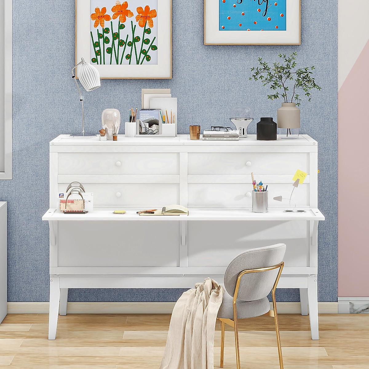 Queen Size Murphy Bed with Charging Station and Storage Shelf, Wood Queen Platform Bed Frame with usb Port, Queen Murphy Bed for Bedroom, No Box Spring Needed, Noise Free (White)