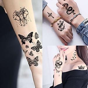 Bilizar 48 Sheets 3D Small Temporary Tattoos For Kids Women Neck Girls Arm Boys, Temp Tiny Halloween Tattoo Stickers Men Spider Cross Scorpion Snake Tiger Lion, Flower Ghost Skull Fake Tatoos Acnhor