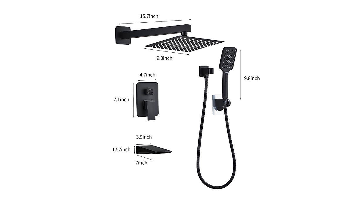 LCEVCGK Shower Faucet Set Complete Matte Black Shower System with 10 inch Square Rainfall Shower ...