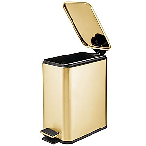 mDesign Slim Metal Rectangle 1.3 Gallon Trash Can with Step Pedal, Easy-Close Lid, Removable Liner - Narrow Wastebasket Garbage Container Bin for Bathroom, Bedroom, Kitchen, Office - Soft Brass