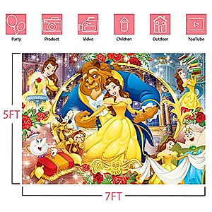 Beauty and The Beast Backdrop,7x5 FT Princess Belle Banner Princess Belle Background Beauty and The Beast Theme Birthday Party Backdrop Supplies & Decor for Girls