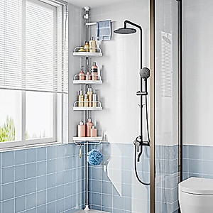 Corner Shower Caddy Tension Pole: Rust Proof 4Tier Shampoo Storage Organizer for Inside Shower - Telescoping Rod Shower Rack for Bathroom and Bathtub - Restroom Floor Standing Bath Rack Holder