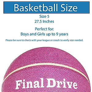 Final Drive Pink Leather Girls Basketball Size 5 (27.5") with Pump and 2 Needles – Kids Indoor Outdoor Basketball – Youth Size Composite Leather Ball for Girls, Boys, Beginners