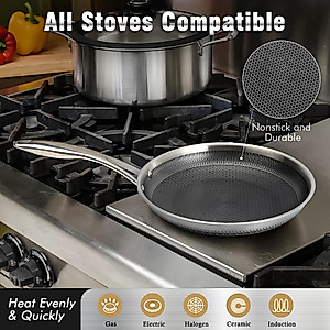 AuFranc® Hybrid Nonstick 9.5 Inch Stainless Steel Frying Pan, Induction Fry Pan with Honeycomb Carving, Non-stick Skillet Suitable for All Cooktops, Stay-Cool Handle, Non-Toxic, Dishwasher & Oven Safe
