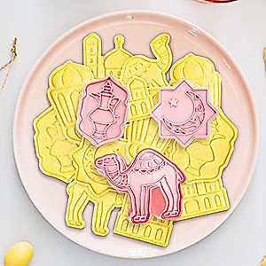 6 Pcs Eid Mubarak Cookie Cutters Set,3D Ramadan Islamic Muslim Cookie Stamp Biscuit Cutters,DIY Biscuit Press Stamp Molds,Biscuit Embossing Fondant Baking Tool,Camel,Lantern,Islamic Star,Star,Moon