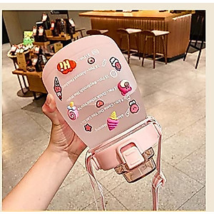 MsAilcplis Girls Kawaii Water Bottle with Straw for School Large Capacity, Portable BPA Free Sports Drinking Frosted Bottle with With scale & Cute 3D Stickers for Outdoor Camping (Pink)